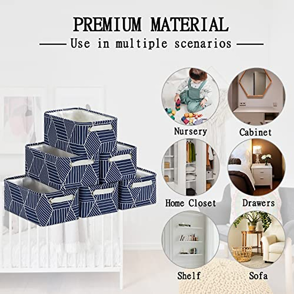 Neykioy Small Storage Baskets Shelf 6 Pack Baskets for Organizing, Decorative Baskets for Gifts Empty with Handles (11.8"L x 7.8"W x 5.1"H-Navy&White Stripes)