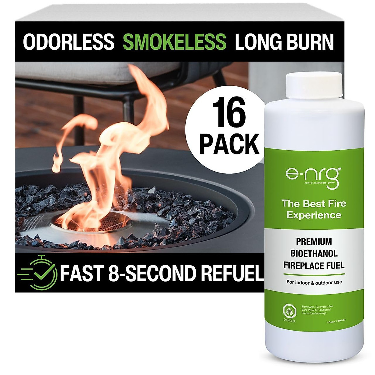 16 QUARTS Odorless, Smoke-Free Ethanol Fireplace Fuel | Best Flame, Fast Pour, Long Burn, Safety-Tested, Made in USA | Bio Ethanol Fuel For Fire Table Top Fire Pit Ethanol Fireplace | e-NRG Bioethanol