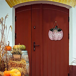 Ymaotrade Fall Sign Thanksgiving Door Hanger Pumpkin Welcome Sign Wooden Pumpkin Decor Hanging Porch Sign for Autumn Harvest Thanksgiving Farmhouse Wall Decoration (Pink) 12in