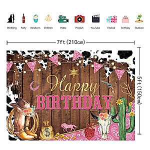Western Cowgirl Happy Birthday Backdrop Cow Print Pink Wild Party Decorations Banner Rustic West Rodeo Boot Cowgirl Birthday Photography Background Party Supplies Banner 7X5FT(82x59inch)