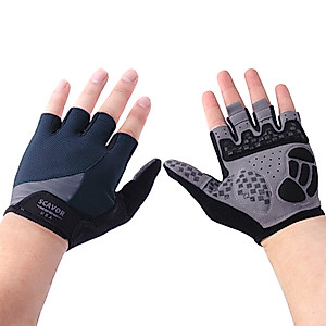 SCAVOR Padded Fingerless Mountain Biking Mesh Gloves - for Men Women Boys with Full Thumb Half Finger - Pefect for Sport Bike Fishing Cycling Wheelchair Use (Navy, Medium)