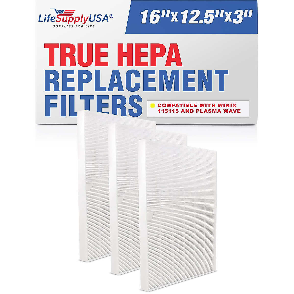 LifeSupplyUSA (3-Pack) True HEPA Air Cleaner Filter Replacement 115115 Compatible with Winix PlasmaWave WAC5300, WAC5500, WAC6300, 5000, 5000b, 5300, 5500, 6300 & 9000, Size 21