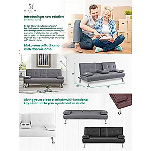 Futon Sofa Bed, Faux Leather Futon Couch with Armrest and 2 Cupholders, Pull Out Sofa Bed Couch Convertible with Metal Legs, Folding, Reclining Small Couch Bed, Futon Bed for Living Room - White