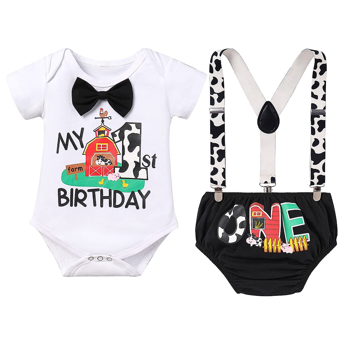 Baby Boys Farm Animals Themed 1st Birthday Cake Smash Outfit Bowtie Romper + Suspenders + Shorts Cow Boys Clothes Set, White - My 1st Birthday, 12-18 Months