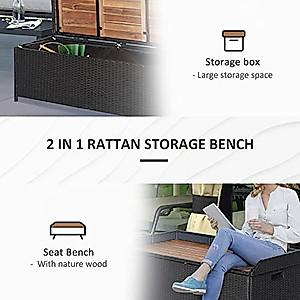 Outsunny Patio Wicker Storage Bench, Outdoor PE Rattan Patio Furniture, Air Strut Assisted Easy Open, 2-in-1 Large Capacity Rectangle Basket Box with Handles & Wooden Seat, Black