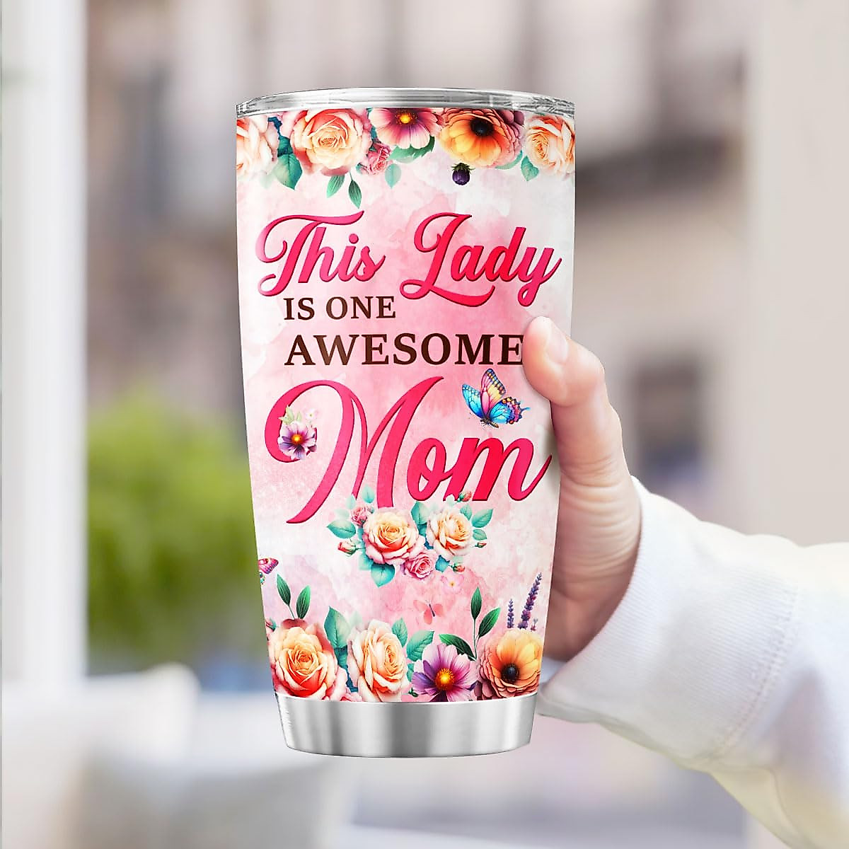 JENOIS Lady Mom Butterfly, Mothers Funny Coffee Floral Day Flower Handle Tumblers Mama Cups Mother For Women Insulated, Tumbler 20 Oz With Lid And Straw, Mom Gifts