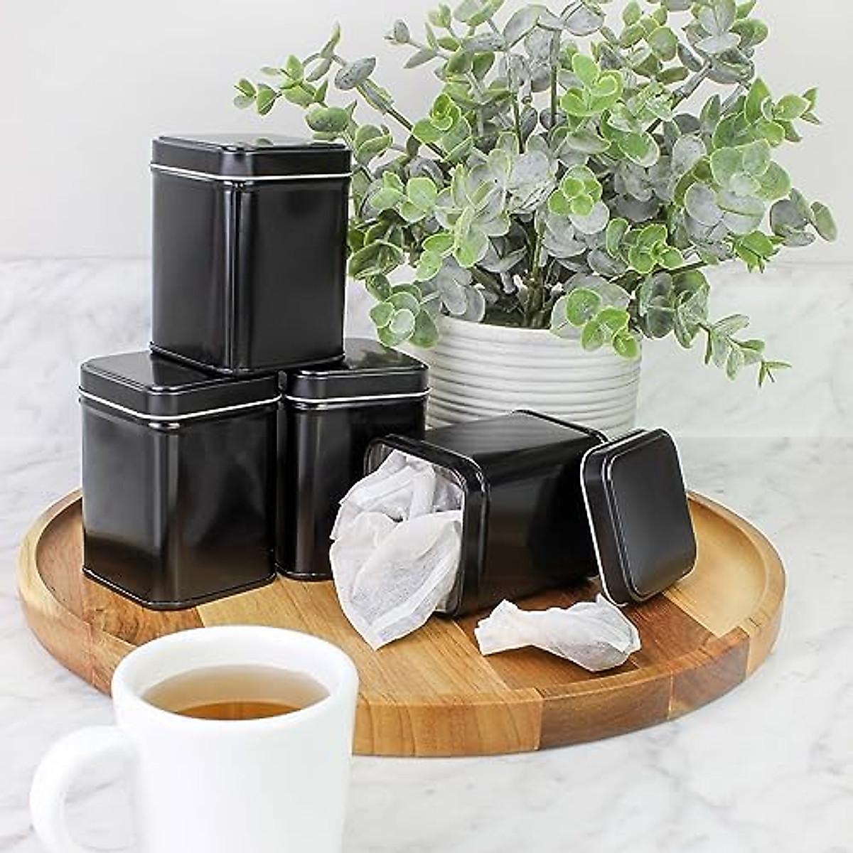 Cornucopia Square Black Metal Tins (6-Pack); for Tea, Gift Boxes, and Storage, 3-Inch Tall, 1-Cup Capacity