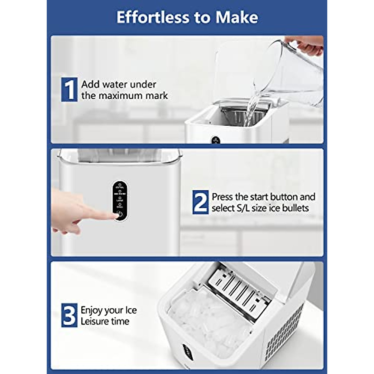 KUMIO Ice Makers Countertop, Portable Ice Maker with Self-Cleaning, 8 Cubes/9 Mins, 26.5Lbs/24Hrs, Ice Machine with Scoop and Basket, 2 Sizes of Bullet Ice for Home Office Bar Party