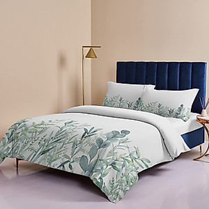 Yun Nist King 4 Piece Bedding Set Summer Eucalyptus Leaf Green Leaves,Soft Breathable Duvet Cover and Pillowcase,Country Farm Plants on White Washable Bed Sheets for Bedroom Dormitory Guest Room