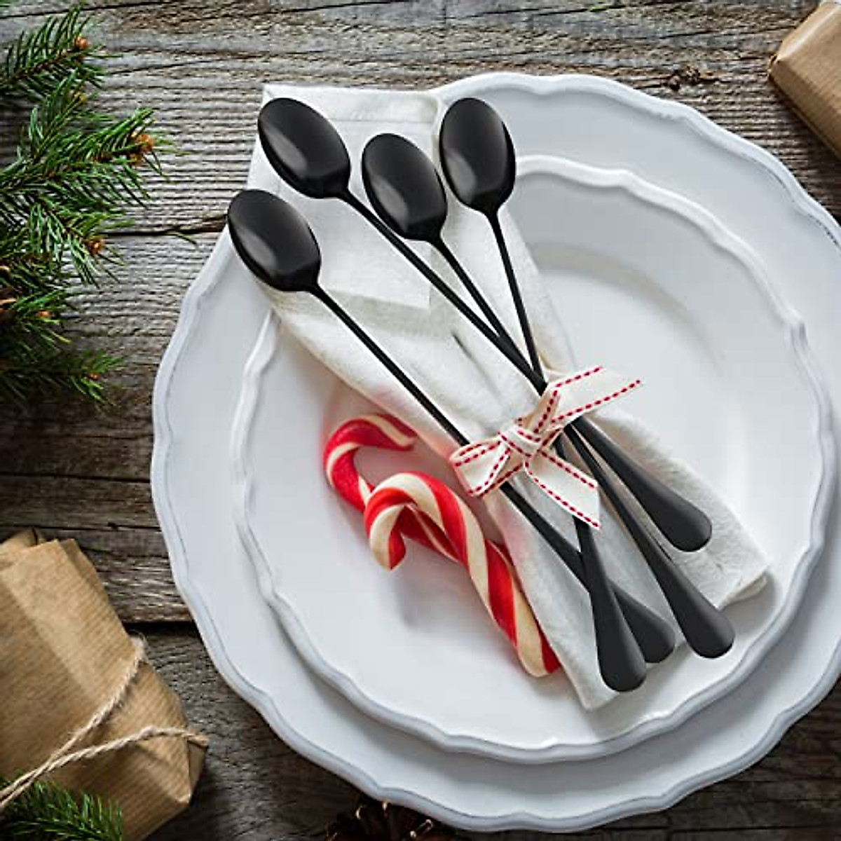 GLAMFIELDS Black 9.5 Inch Long Handle Iced Tea Spoons, Coffee Spoons, Ice Cream Spoon, Stainless Steel Cocktail Stirring Spoons, Set of 4