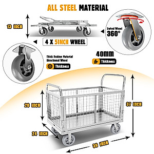 Platform Truck Cart with Cage 4in1 Foldable Platform Truck Heavy Duty Push Cart Dolly W/Swivel Wheels 1800lbs Capacity Flatbed Hand Truck Dolly Cart Multipurpose for Grocery/Laundry/Stall/Storage