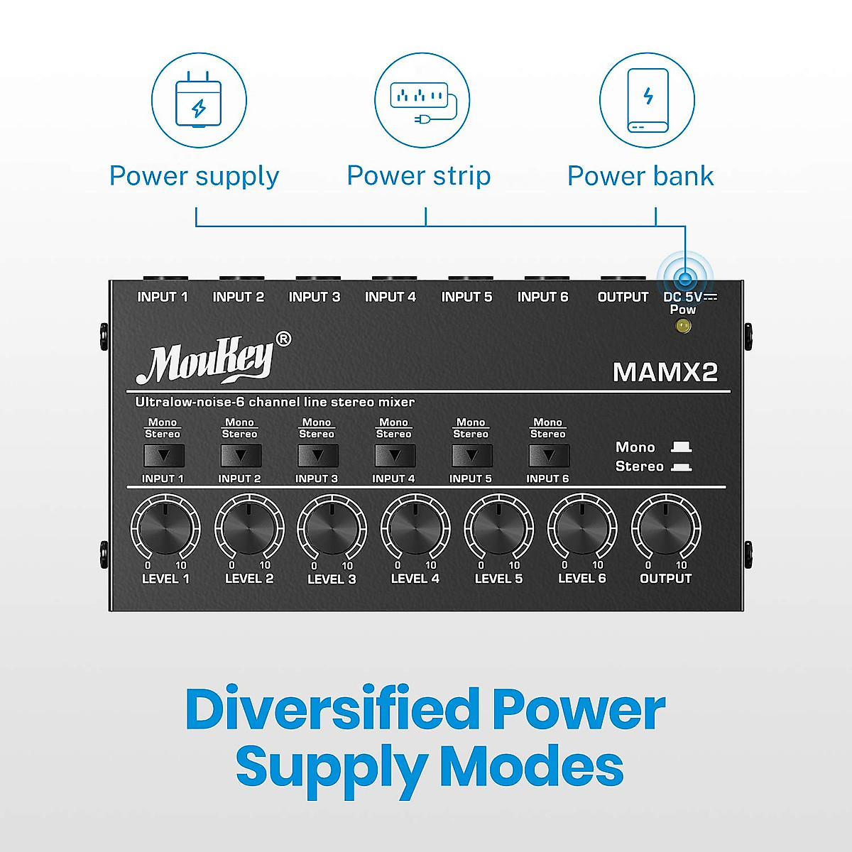 Moukey Audio Mixer Line Mixer, DC 5V, 6-Stereo Ultra, Low-Noise 6-Channel for Sub-Mixing, for Small Clubs or Bars, As Guitars, Bass, Keyboards Mixer, 2021 New Version-MAMX2