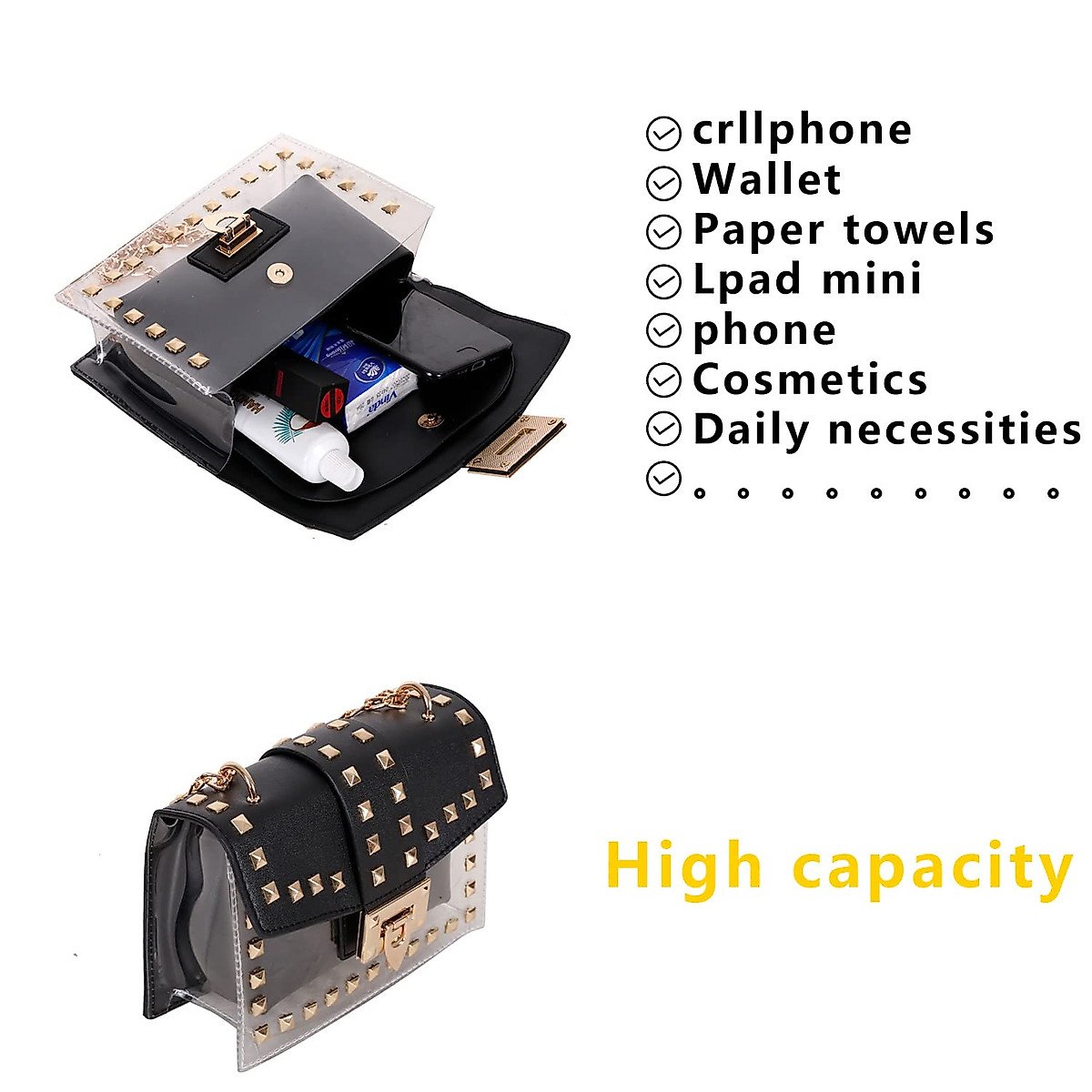 Qiayime Purses and Handbags for Women Fashion PU Leather Chain Transparent Rivet Satchel Shoulder Tote Clutch Crossbody Bag (black)