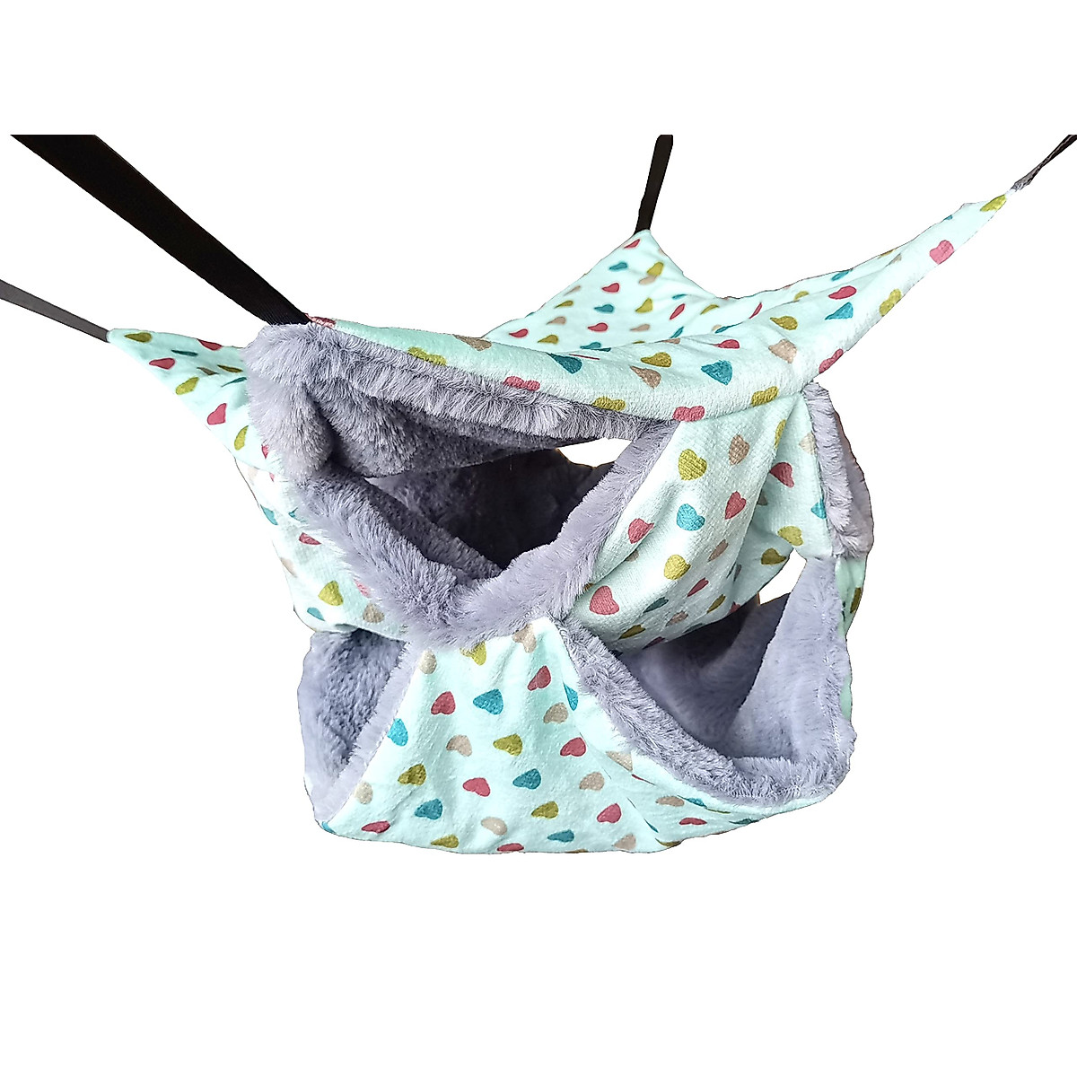 WOWOWMEOW Small Animals Plush Hammock Rat Ferret Triple Bunkbed Hammocks Cage Hanging Warm Hideout for Sugar Glider Squirrel (Medium, Hearts-Mint)