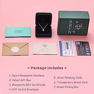 BREN Heart Necklace for Women, 1ct Moissanite Solitaire, Sterling Silver, White Gold Plated, 15"+3" Chain for Women, Moms, Lovers