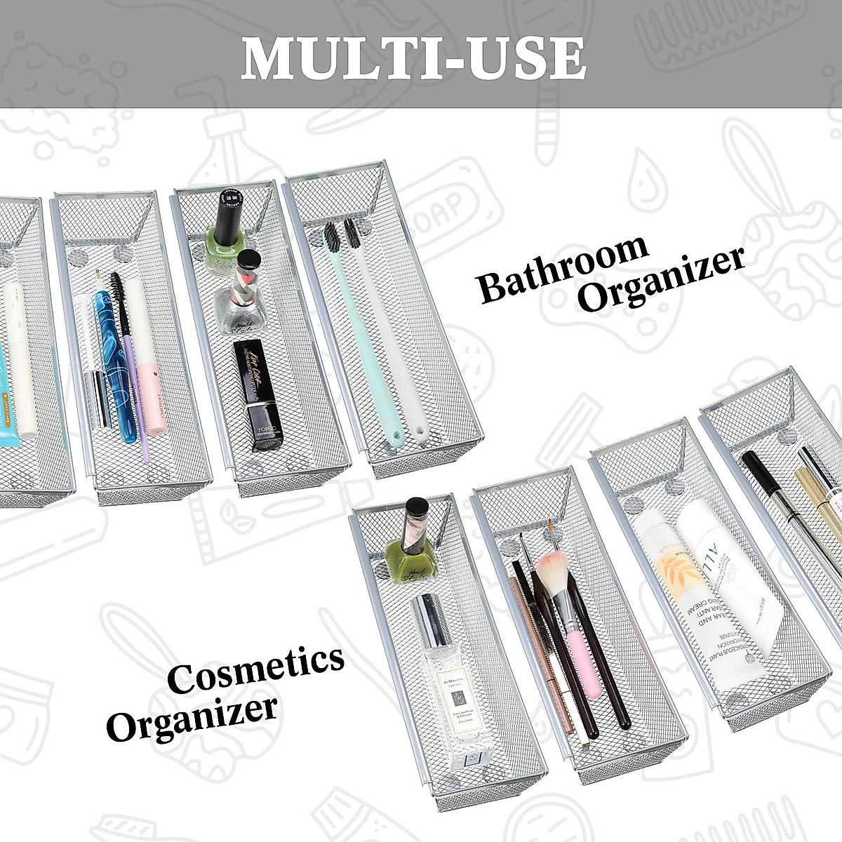 12 Set Silverware Drawer Organizer Mesh Utensil Drawer Organizer for Kitchen Cutlery Trays Holder Steel Metal Flatware Storage, 2 Inch High, Silver