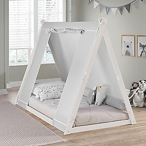 P'Kolino New Tent Twin Floor Bed - Natural or White Frame, Grey Tent, Children’s Bedroom Furniture … (White Frame)