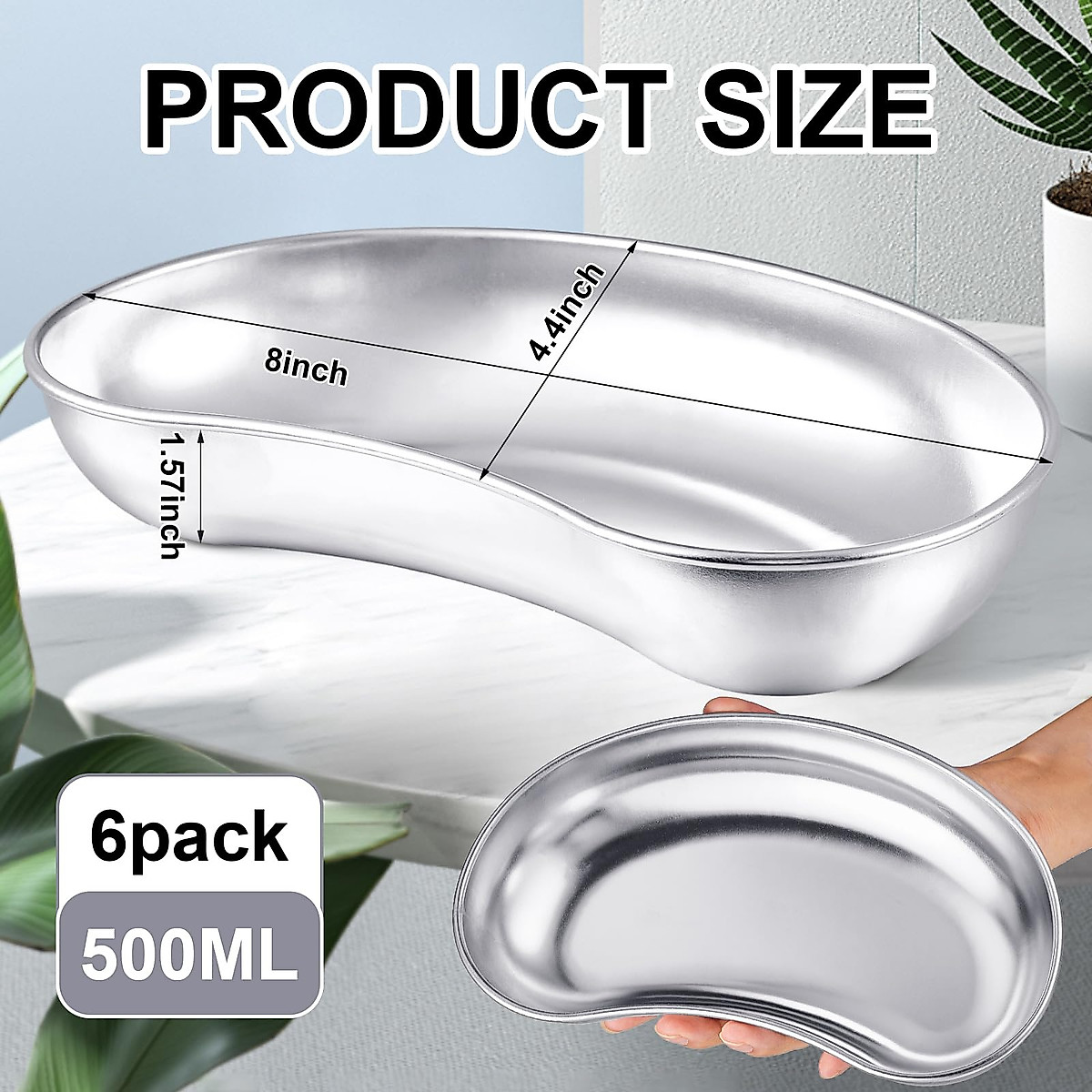 Blulu 6 Pcs Stainless Steel Kidney Tray 8'' Medium Kidney Shaped Emesis Basin Surgical Medical Tray pan Bowls Reusable Metal Kidney Dish Dental Lab Instruments Bathroom Soiled Dressings Medic Waster