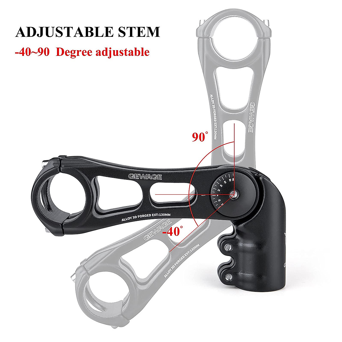 Bike Stem - 130 Degree Adjustable Bicycle Stem- 75mm 90mm 130mm Handlebar Stem Riser for 31.8(1-1/4") Handlebars, Suitable for Most of Mountain Bike, Road Bike, BMX