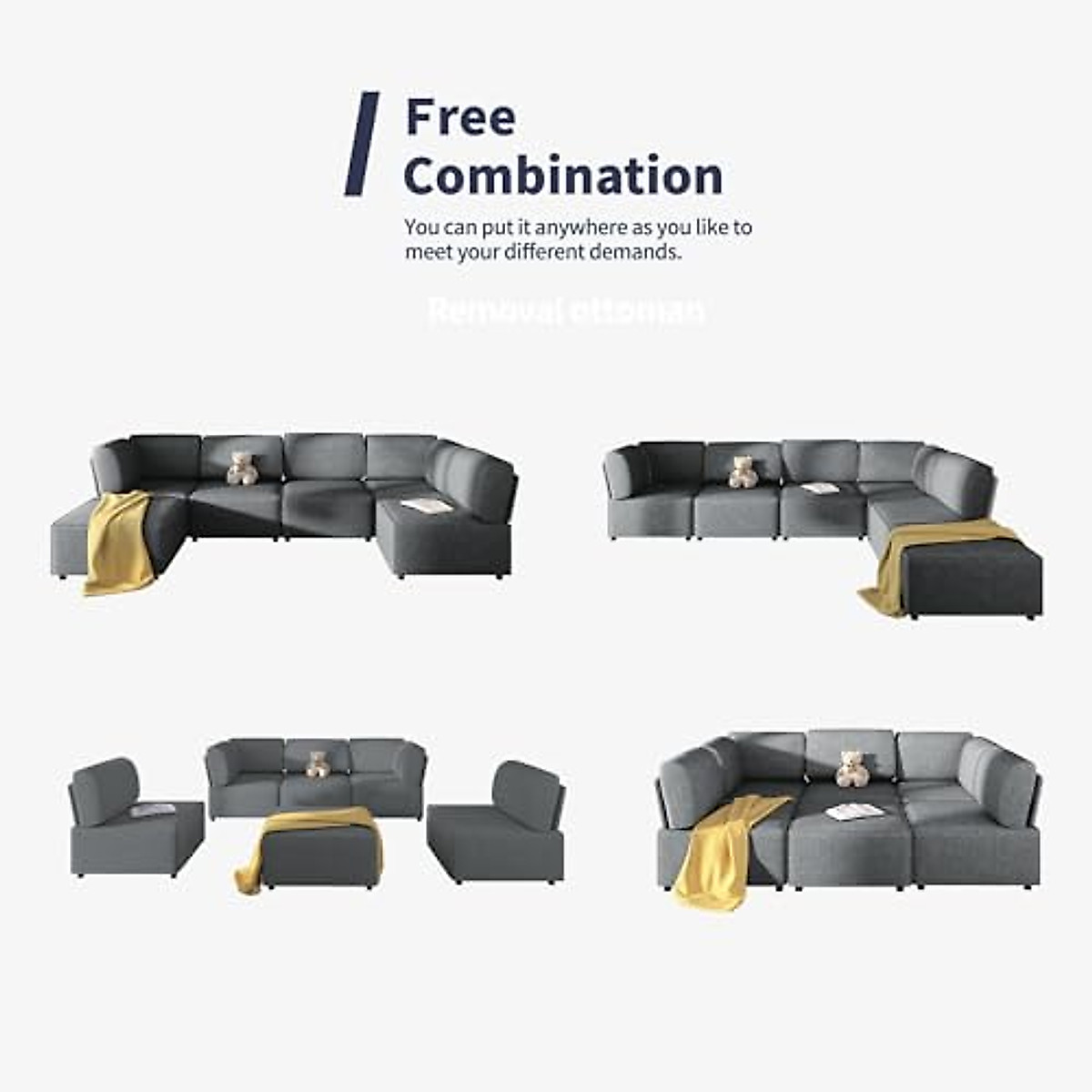 ZAFLY Modular Sectional Sofa Couch, U/L Shaped Couch with Oversized Seats, Ottoman, Convertible Modern Linen Fabric Reversible Chaise, Sofa Sleeper for Living Room, Apartment 120.4" W (Deep Gray)