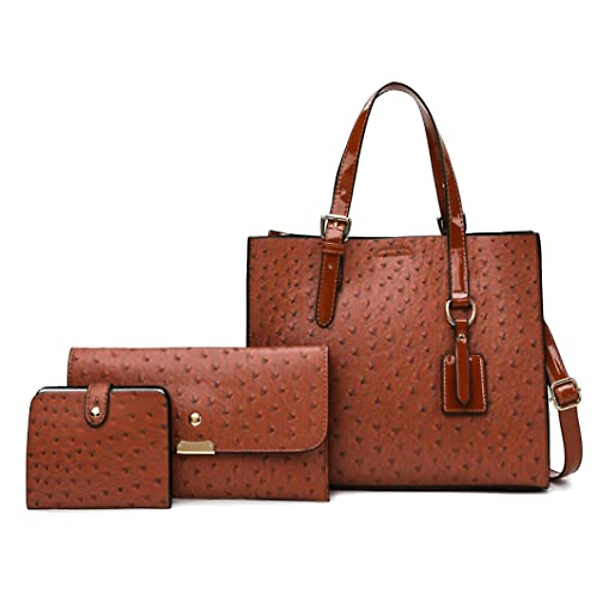Patent Strap Shoulder Bags Ostrich Pattern Handbags 3pcs Hobos with Matching Wallet Tote Purse (Brown)