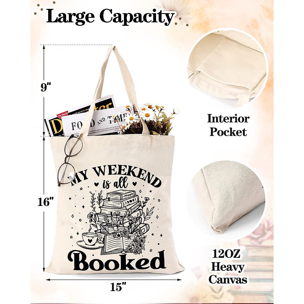 Tuitessine Bookish Gifts for Book Lover Readers Canvas Tote Bag Glass Cup Set Women Teacher Appreciation Gifts Family Birthday Presents
