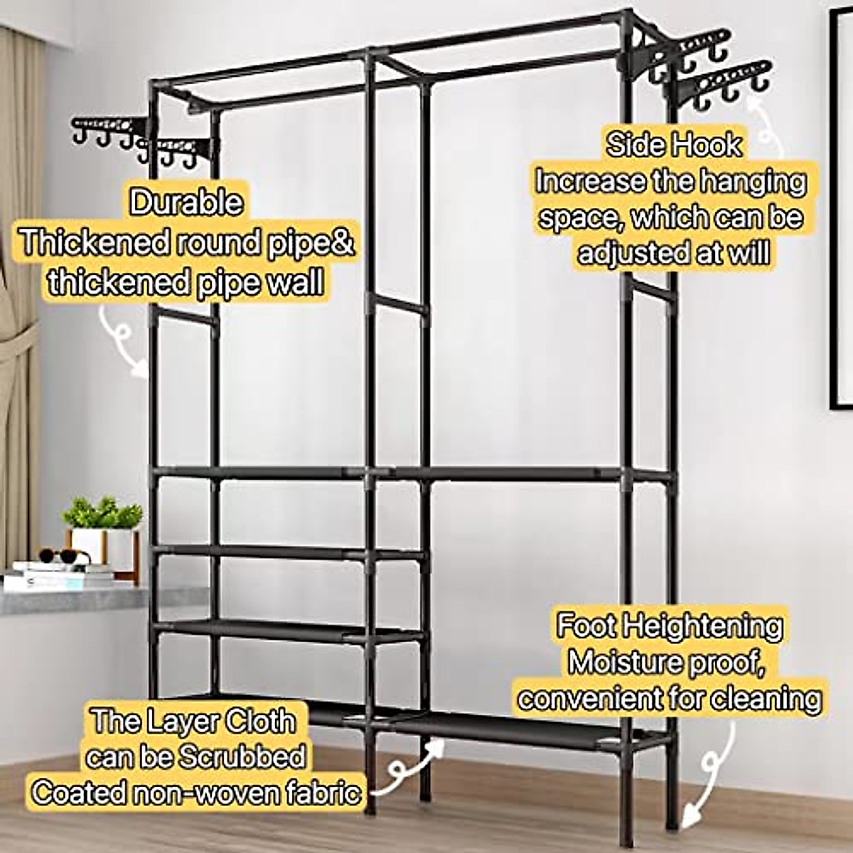 TUOKING Garment Rack, Metal Clothing Racks for Hanging Clothes, Heavy Duty Wire Bedroom Clothing Rack, Freestanding Portable Wardrobe Closet Rack with 4 Hanging Rods, 70" H*34L*17.5W, Black