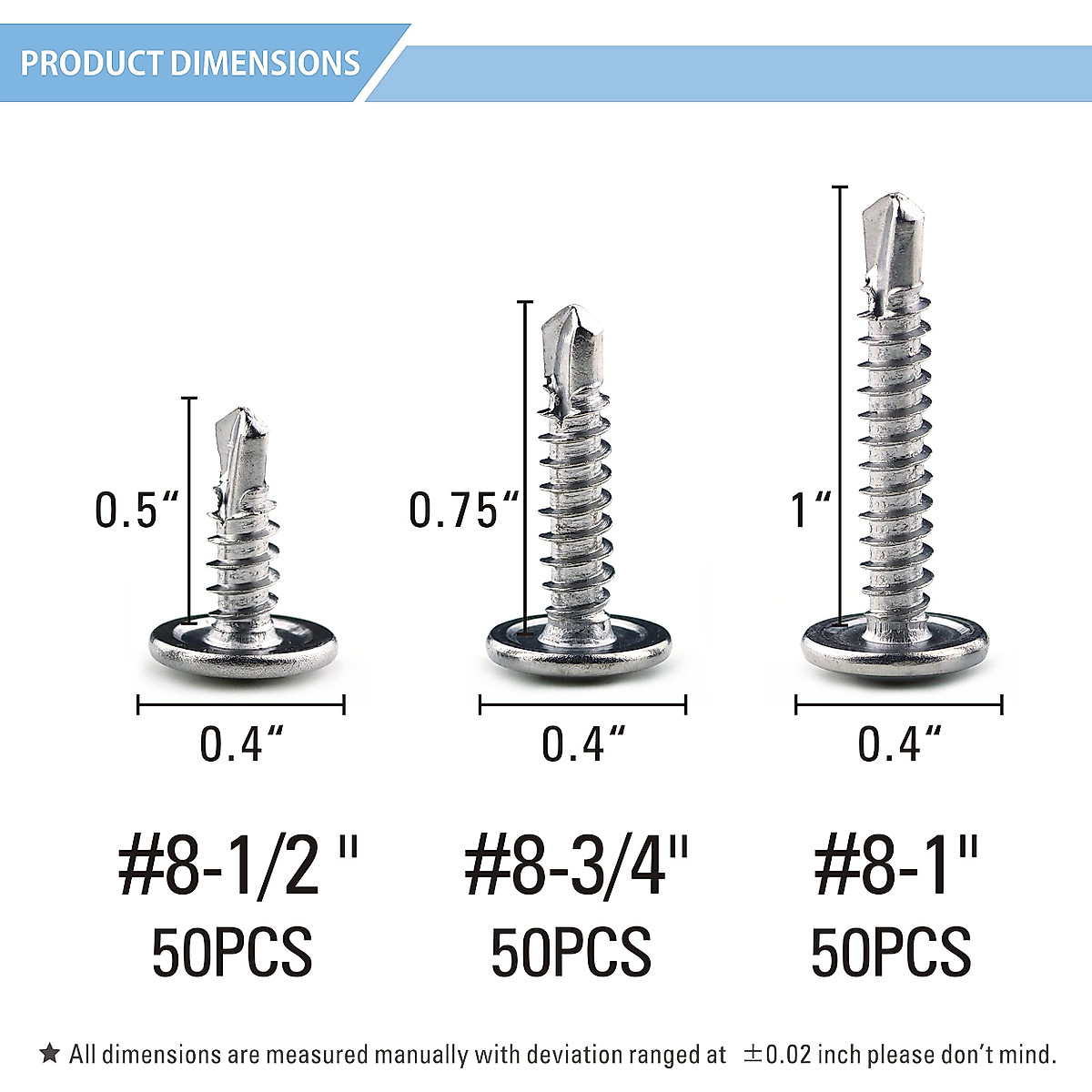 Jetovo 150 Pack 410 Stainless Steel Wafer Head Phillips Self Drilling Screws Sheet Metal Tek Screws Assortment Kit, Modified Truss Head Self Driller - Size: #8 x 1/2" #8 x 3/4" #8 x 1"