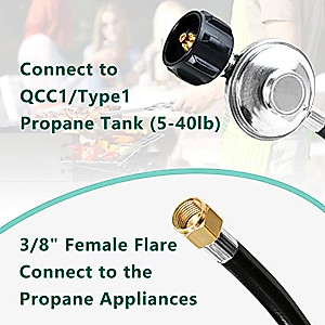 KTUOPEE Propane Regulator and Hose: 3 Feet Universal QCC1 Replacement Hose and Regulator for Most LP Gas Grill, Patio Heater, Fire Pit and More, Low Pressure, 3/8 inch Female Flare Nut
