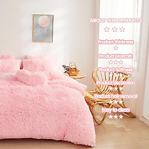 Fluffy Pink Faux Fur Comforter Cover Set - Ultra Soft Plush Bedding, 3 Pieces with 2 Pillow Cases, Cute Light Pink Queen Bed Set