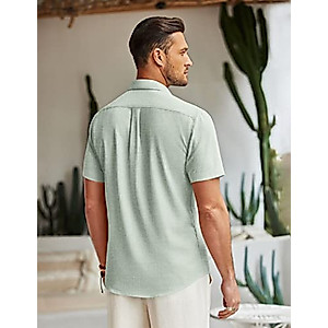 COOFANDY Men's Linen Shirts Casual Beach Button Down Short Sleeve Shirt Summer Light Green