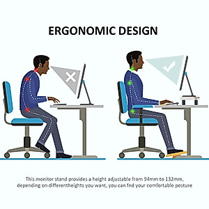 AX Waber Dual Monitor Riser, Adjustable Height Steel Leg Wooden Stand with Storage Space - Black