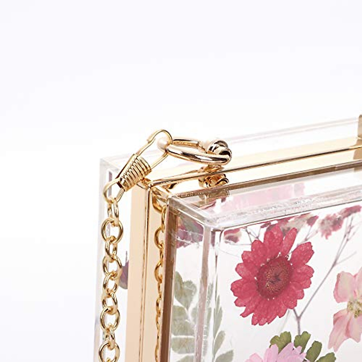 YUSHINY Women Acrylic Clear Clutch Transparent Purse True Flower Inlay with Removable Pearl Strap (Rose)