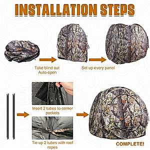 Hunting Blind 1 Person, 270 Degree See Through Pop up Ground Blinds for Deer Turkey Duck Hunting, Bow Hunting Accessories, Double Side Zipper Window(Camouflage-White)