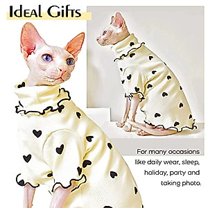 Bonaweite Sphynx Hairless Cats Clothes, Cotton Cute Heart Pattern Sweater T-Shirts with High Collar, Soft Breathable Puff Sleeves Kitten Cat Wear Shirt Apparel for Cornish Rex, Devon Rex, Peterbald