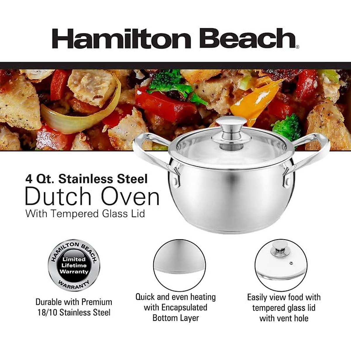 Hamilton Beach 4QT Stainless Steel Belly Design Dutch Oven Pot with Glass Lid and Stay-Cool Riveted Handles, Multipurpose Stewpot Skillet, Compatible with All Stove Tops, Oven & Dishwasher Safe