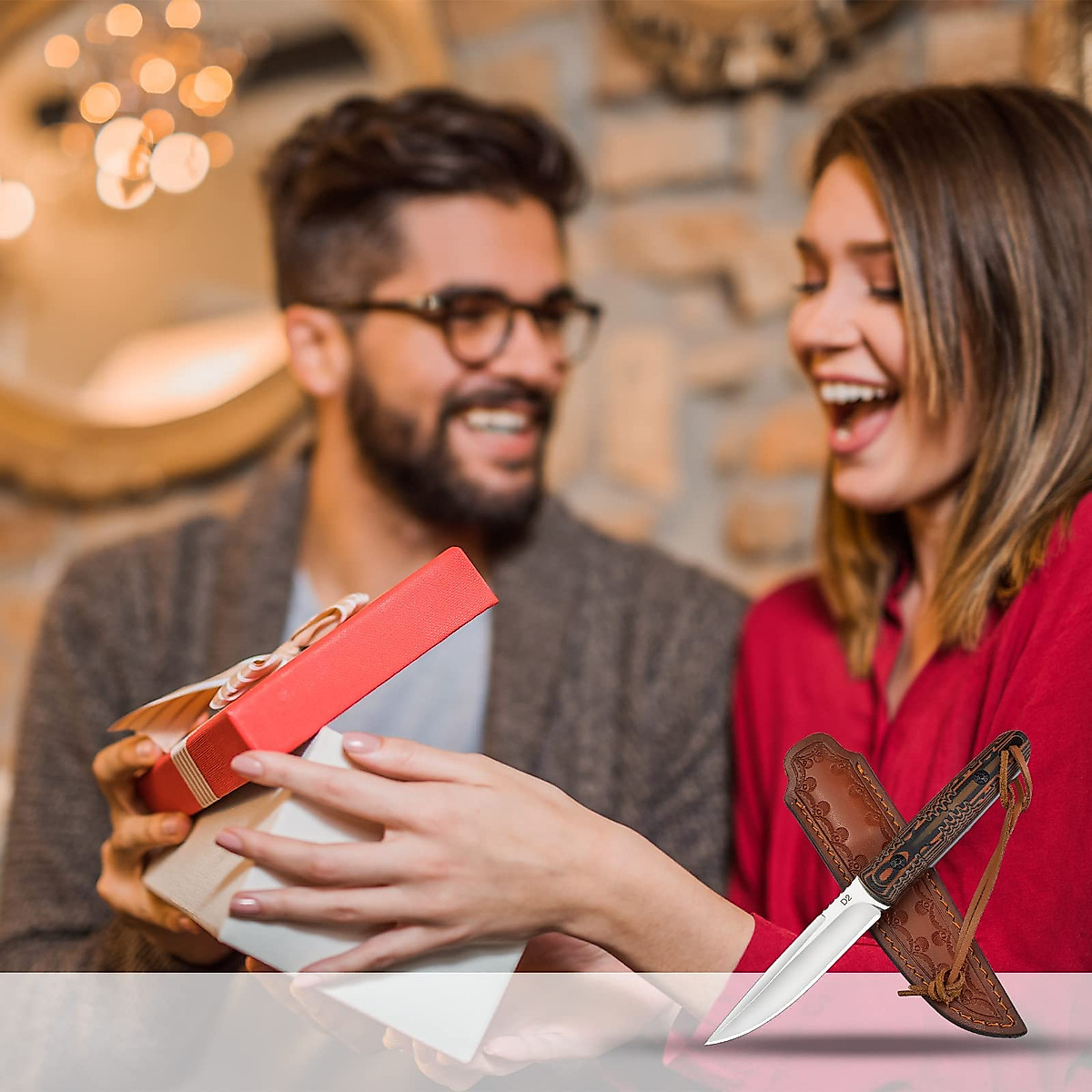 AUBEY Fixed Blade Hunting Knife, 4.52 inch D2 Steel Blade Survival Knife with Leather Sheath Wood Handle, Full Tang Camping Knife for Men Women