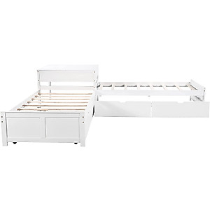 CITYLIGHT L-Shaped Platform Bed with Trundle and Drawers Linked with Built-in Desk, Wood Corner Bed with 3 Twin Beds for Kids Girls Boys Teens Bedroom (Twin,White)