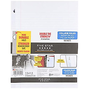 Five Star Filler Paper, College Ruled, Reinforced, Loose Leaf Paper, 11 x 8.5", 100 Sheets/Pack Pack Of 3, 17010