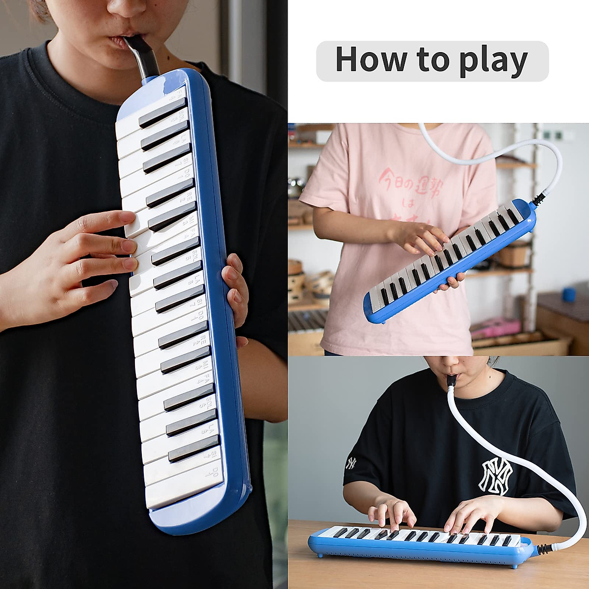 MUSICUBE Melodica for Kids 32 Keys Melodica Instrument Air Piano Keyboard with 1 Long Tube, 1 Short Mouthpiece for Beginners Students, Musical Gift for Boys & Girls (Blue)