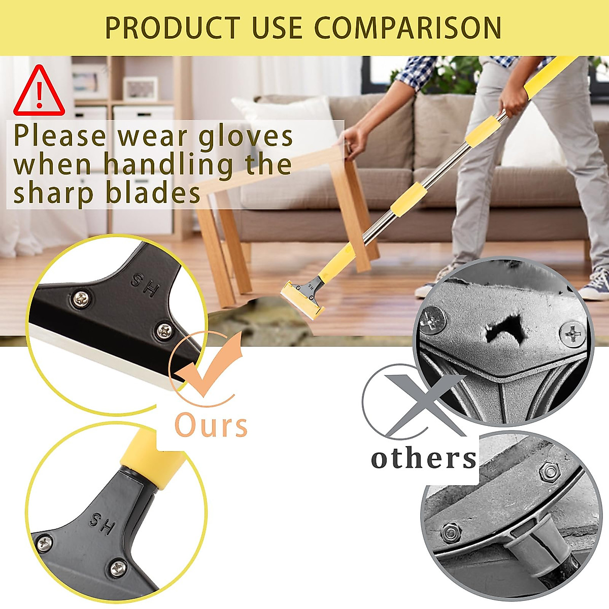 Frebuta Floor Scraper Long Handle Heavy Duty, 31 to 62In Tile Joint Scraper with 4 in 10PCS Extra Metal Blades Stainless Steels Razor Scraper Kit Cleaning Stove Top Windows Glass Tiles Wall Labels