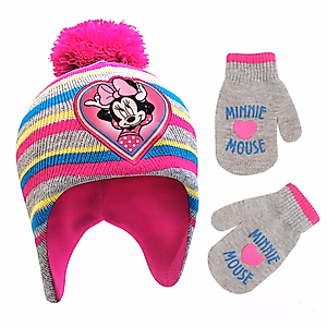 Disney Girls Toddler Winter 2-4 Or Minnie Mouse Hat and Kids Gloves Ages 4-7, Pink/Grey-Mittens Set, 2-4T