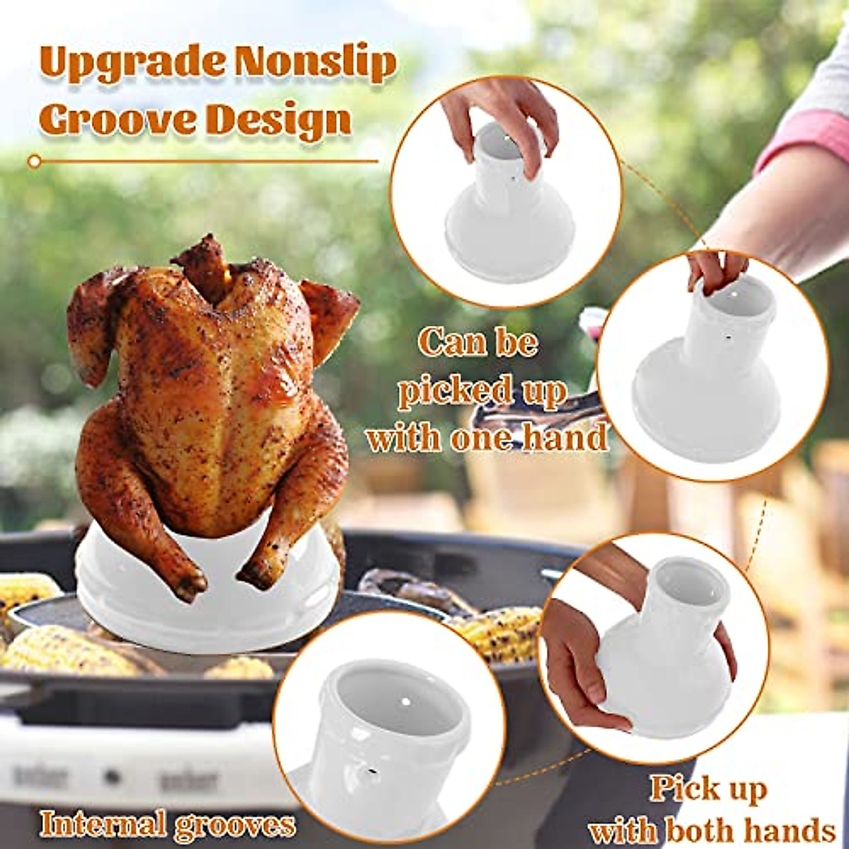 KAMaster White Ceramic Chicken Holder for Grill, Beer Can Chicken Throne for Smokers, Green Egg Parts Non-Stick Steamer Roaster Rack Vertical Stand for Kamado BBQ Accessories