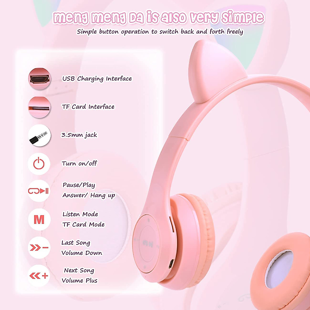 Bluetooth Cat Ear Kids Headphones with Mic, arVin Wireless/Wired Foldable Over-Ear Headset with Led Light UP & 85db Volume Limited for School, Online Learning, Boys, Girls, Children, Tablet, iPad & PC