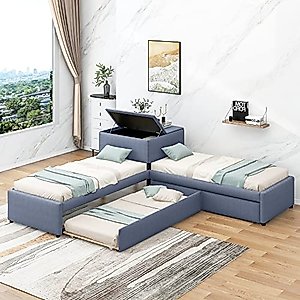 CITYLIGHT Upholstered L-Shaped 2 Twin Beds with Trundle and Storage Drawers, Wood Linen Corner Bed Linked with Built-in Flip Desk for Kids Girls Boys Teens Bedroom, Gray