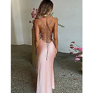 Bozanly Sexy Spaghetti Strap Side Split Satin Mixi Dress for Women Criss Cross Tie Back Party Bodycon Dresses(0723-Pink-XS)