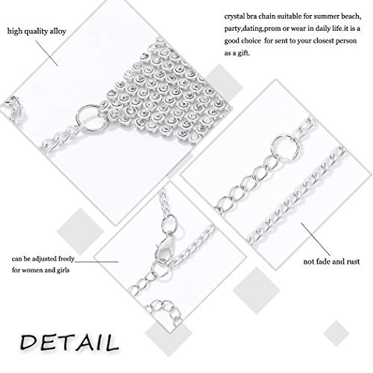 Bodiy Boho Crystal Body Chains Bra Silver Sexy Bikini Body Chain Jewerly for Women and Girls