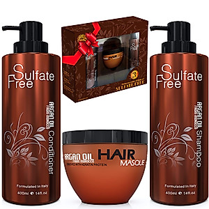 BINGO HAIR CARE Moroccan Argan Oil Shampoo Conditioner and Mask Set, Sulfate Free for Damaged, Dry, Curly or Frizzy Hair - Thickening for Fine/Thin Hair Safe for Color and Keratin Treated Hair