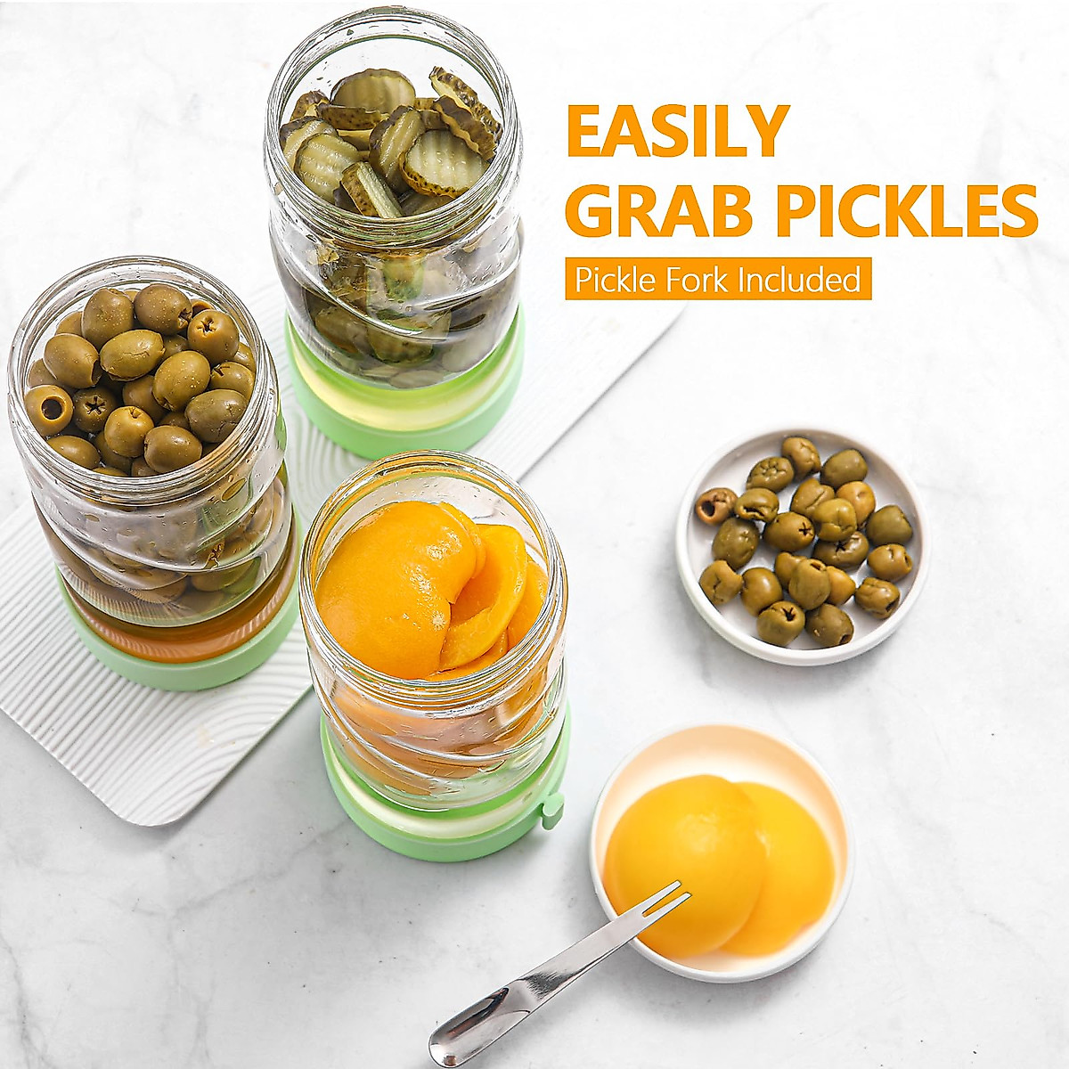 fruui Glass Pickle Jar with Strainer Flip and Stainless Steel Fork, 36oz Leakproof Airtight Pickle Container with Strainer, Hourglass Pickle Juice Separator Jar for Capers, Olive and Jalapenos