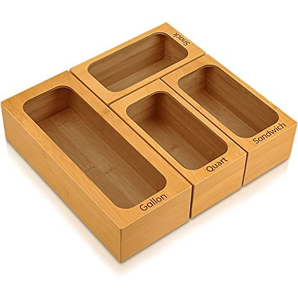 AUING Ziplock Bag Organizer,Bamboo Kitchen Baggie Organizer for Ziploc Bag Include Gallon Quart Snack and Sandwich Bag Dispenser Compatible with Ziploc, Solimo, Glad, Hefty ect, Set of 4